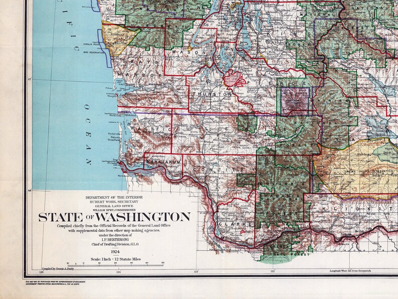 Vintage map of Washington state old Washington state print | Etsy