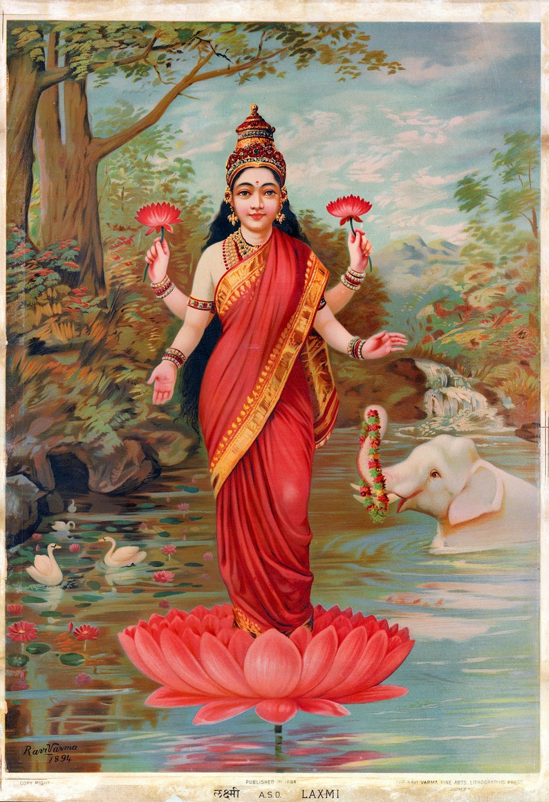 Hindu Goddess Lakshmi Poster Print Raja Ravi Varma's Gaja - Etsy