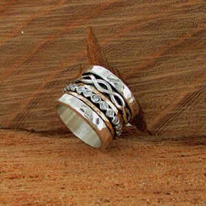 Infinity Spinner Ring, Silver Zircon Ring, Hammered Ring, Wide Band ...
