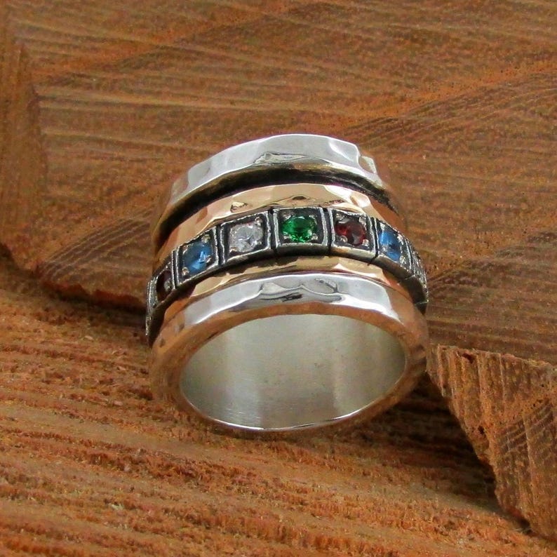 Multi-stone Spinner Ring, Sterling Silver, 9K Gold Meditation Ring ...