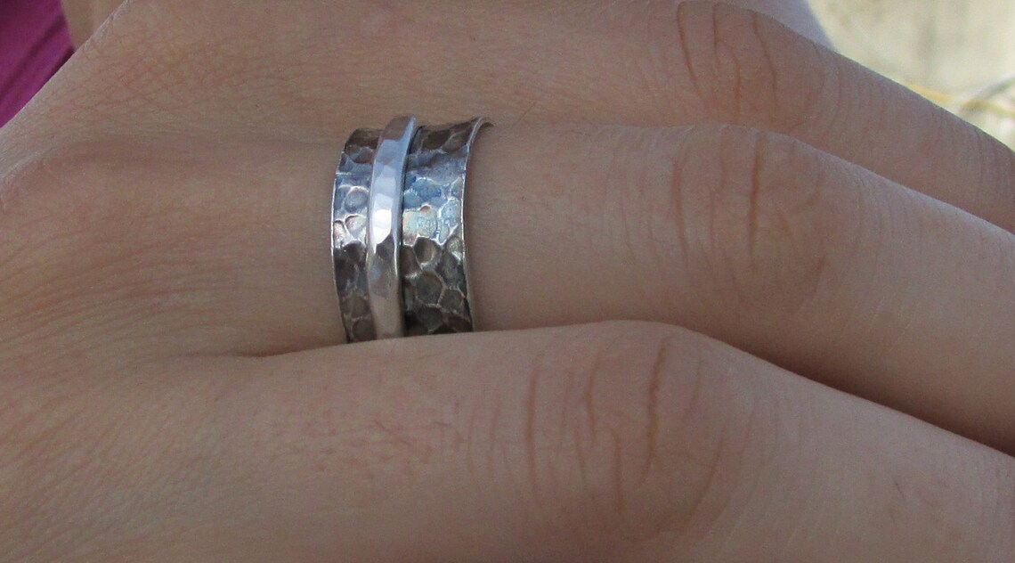 Wedding Band Ring, Silver Spinner Ring, Wide Hammered Ring, Statement ...