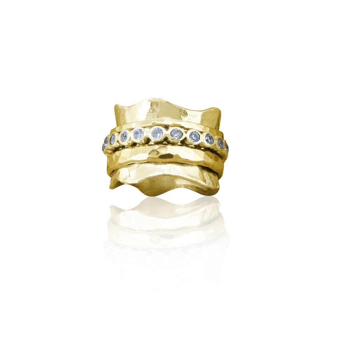 14K Gold Wedding Ring, Gold Spinner Ring for Women, Wide Hammered Ring ...