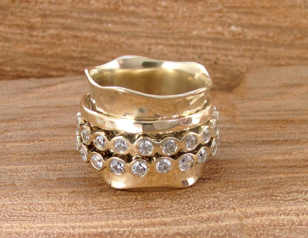 Gold Diamonds Spinner Ring,wide Band Ring,wide Diamond Band,hammered ...