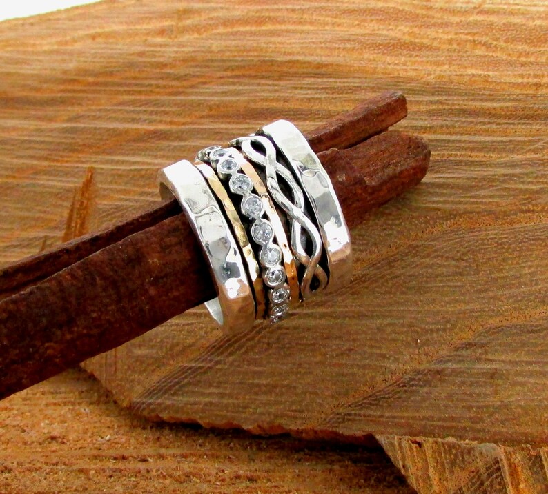 Infinity Spinner Ring Silver Zircon Ring Hammered Ring Wide | Etsy