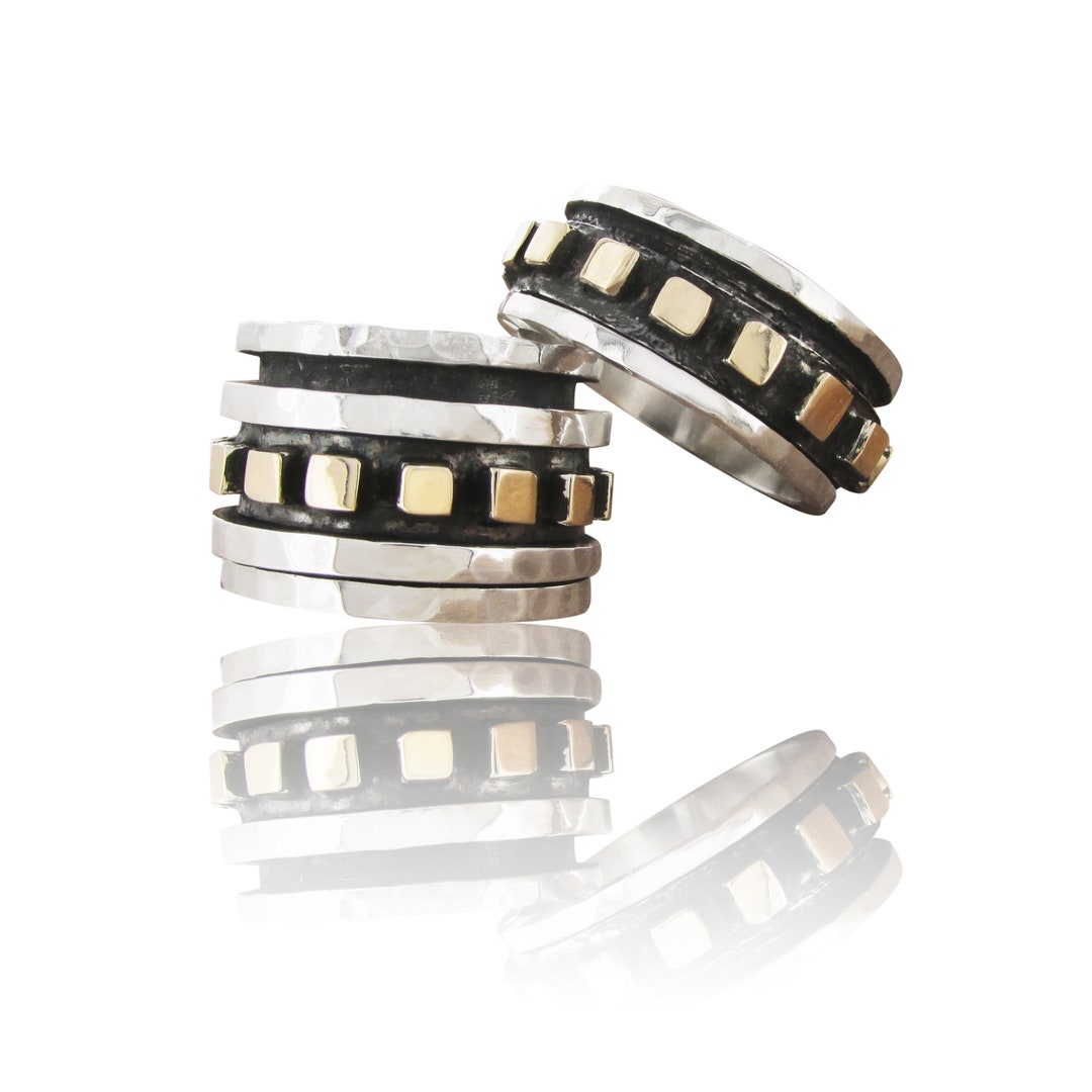 His and Hers Promise Rings, 14K Gold and Silver Spinner Ring, Matching ...