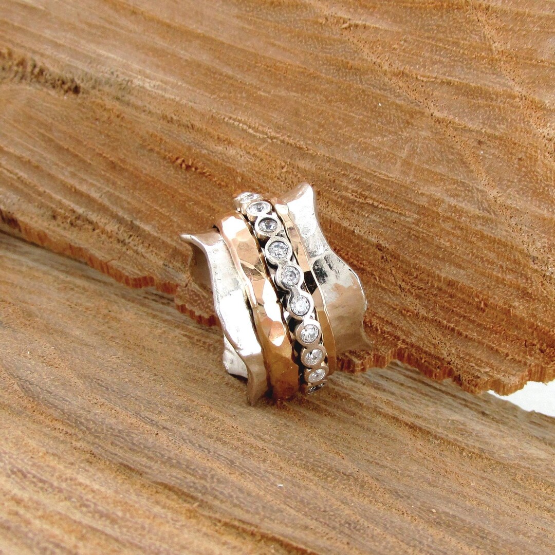 Diamonds Spinner Ring, 14k Gold and Silver Spinner Ring, Wide Diamond ...