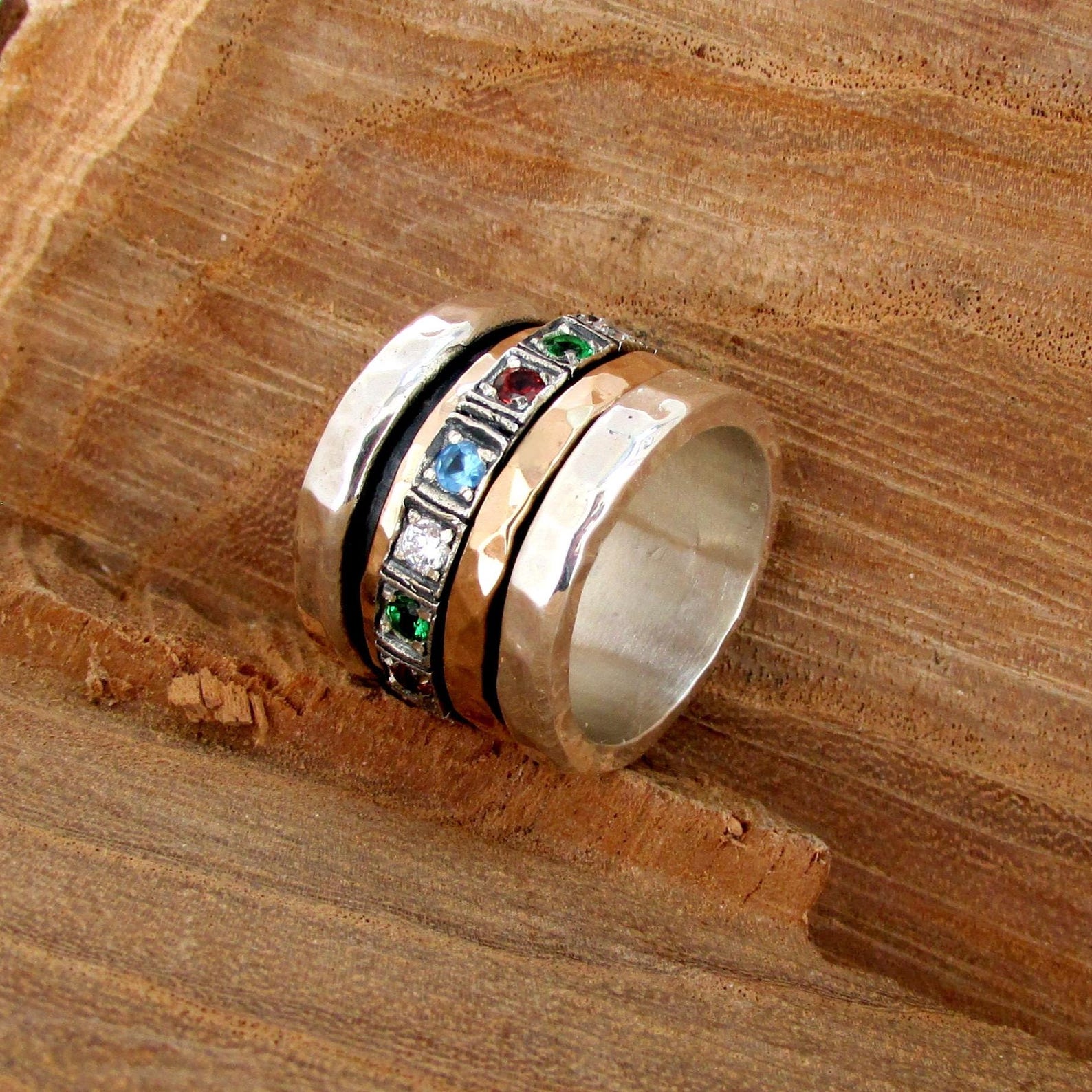Multi-stone Spinner Ring, Sterling Silver, 9K Gold Meditation Ring ...