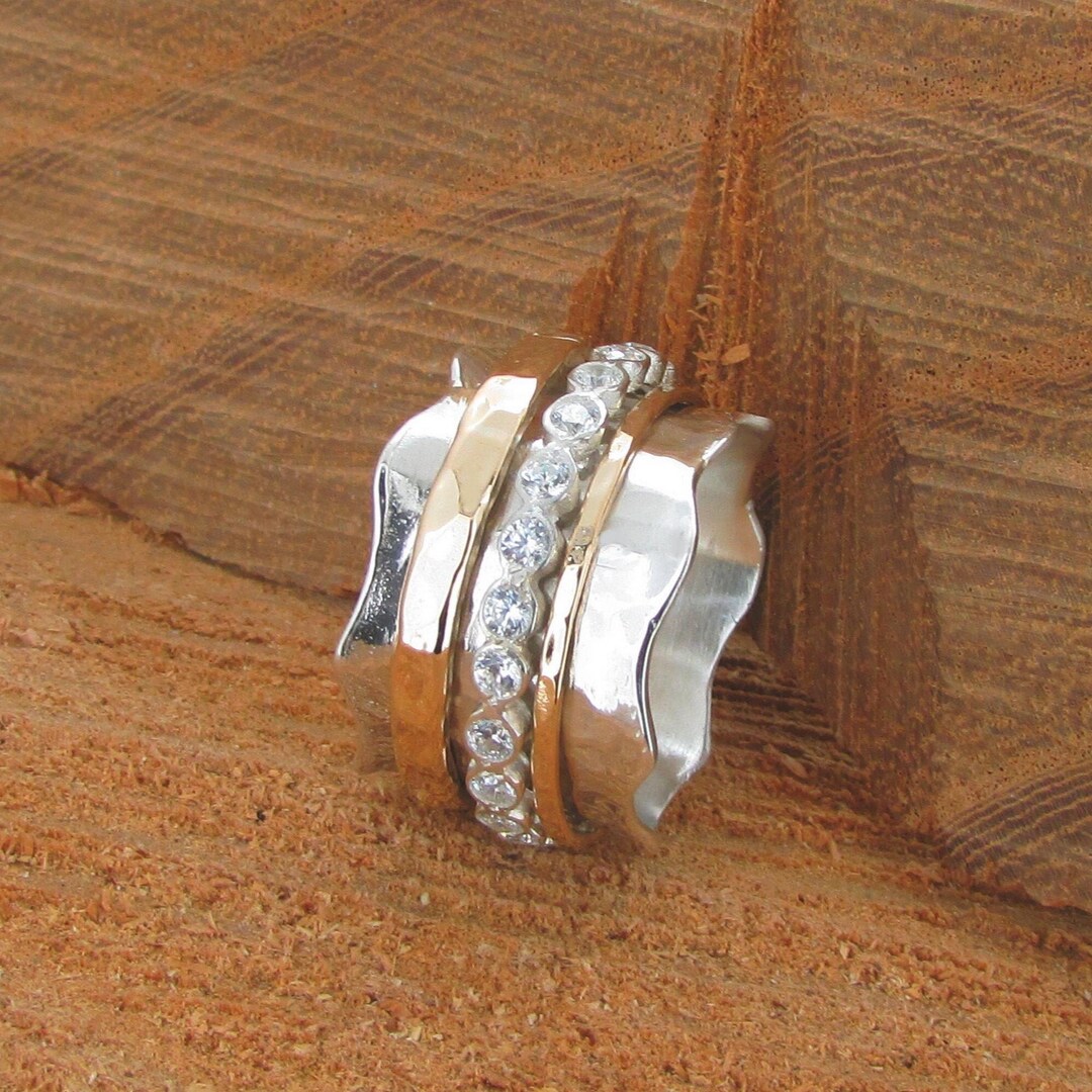 Diamond Spinner Ring, Wide Band Ring, Sterling Silver Gold Filled ...