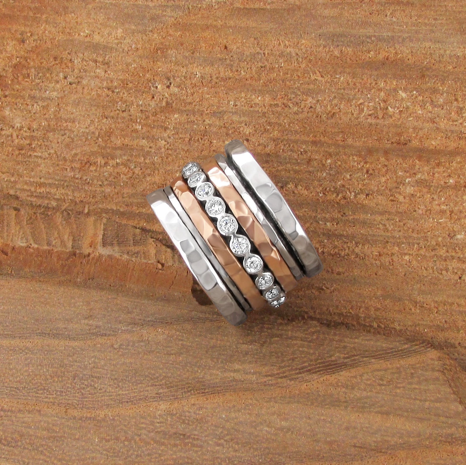 Diamonds Spinner Ring for Women, Gold & Silver Sparkle Ring, Wide ...
