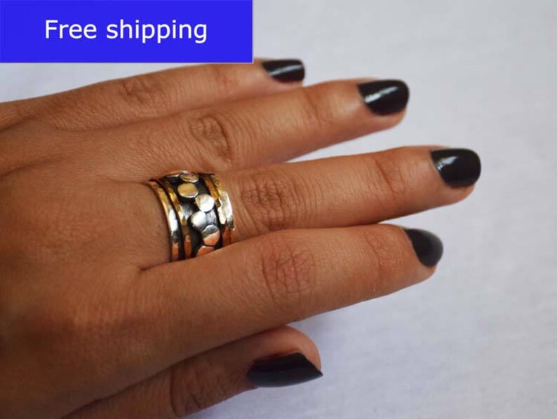 Silver Beehive Ring, Two Toned Wide Band Ring, Spinner Meditation Rings ...
