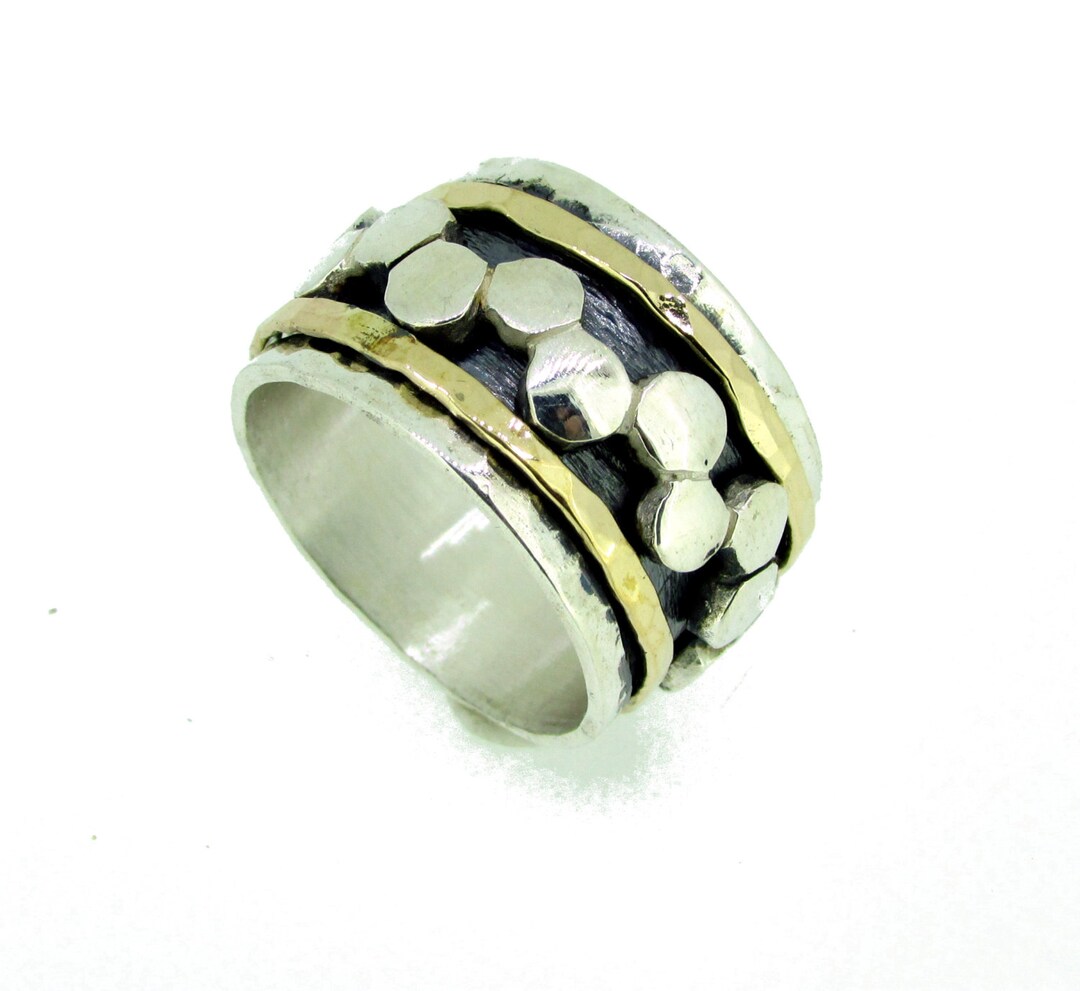 Silver Beehive Ring, Two Toned Wide Band Ring, Spinner Meditation Rings ...