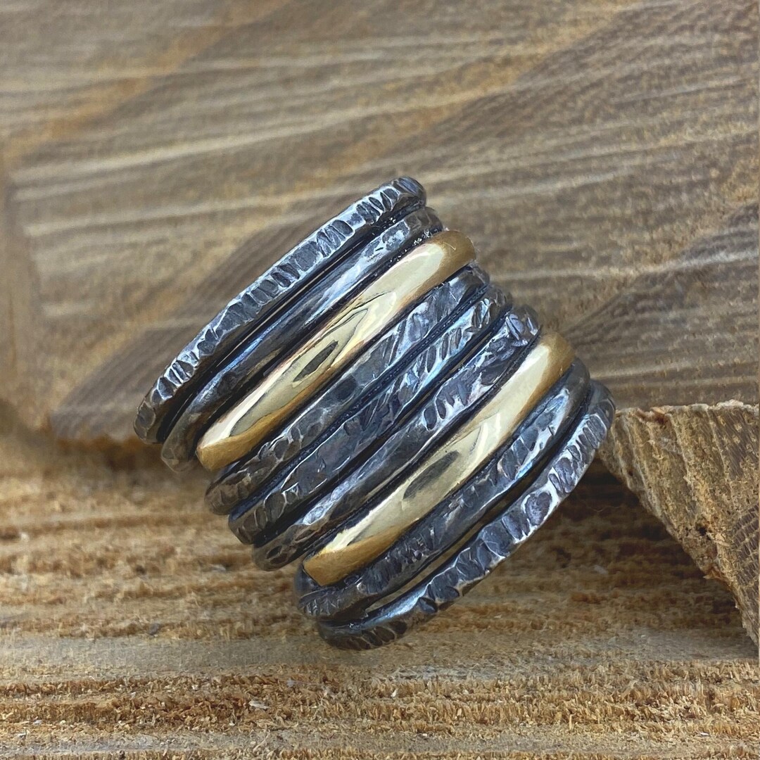 Maximalist Oxidized Ring, Silver and 14K Gold Spinner Ring, Mixed Metal ...