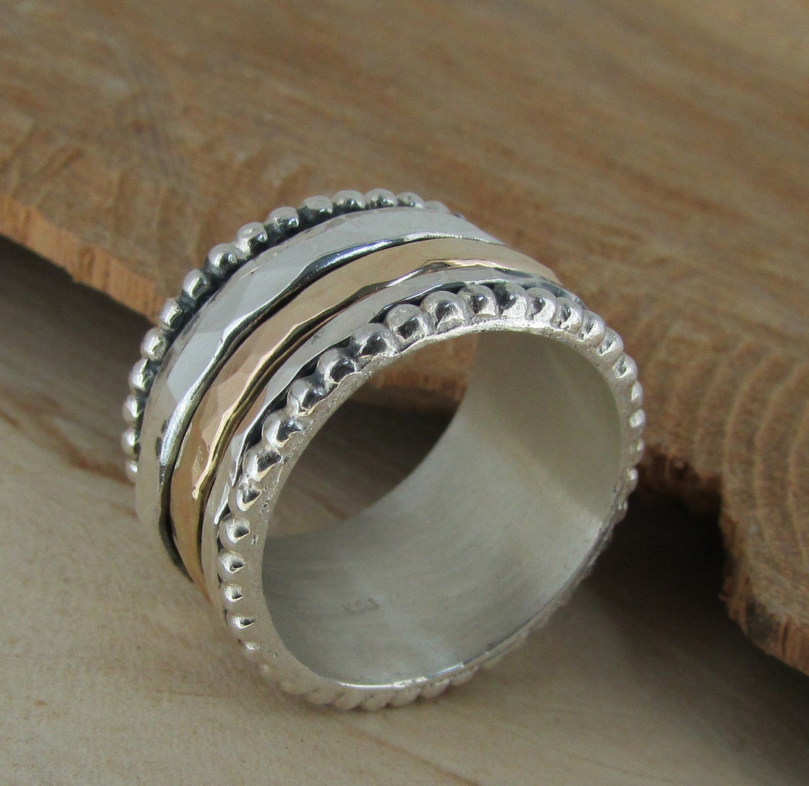 14K Gold & Silver Spinner Ring for Women Wide Wedding Band | Etsy