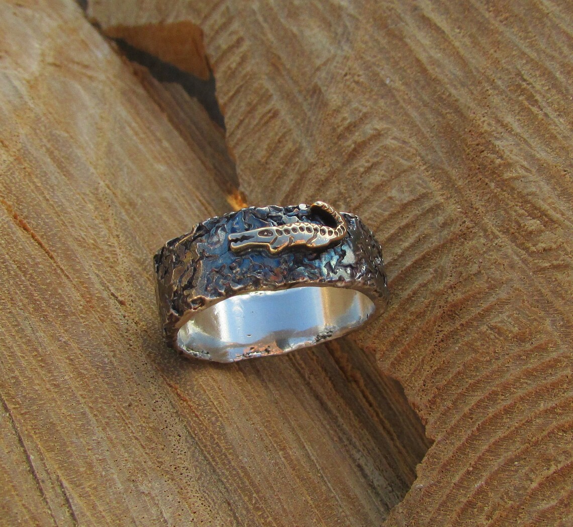 Alligator Ring, Hammered Sterling Silver Ring, 14K Gold , Wide Ring for ...