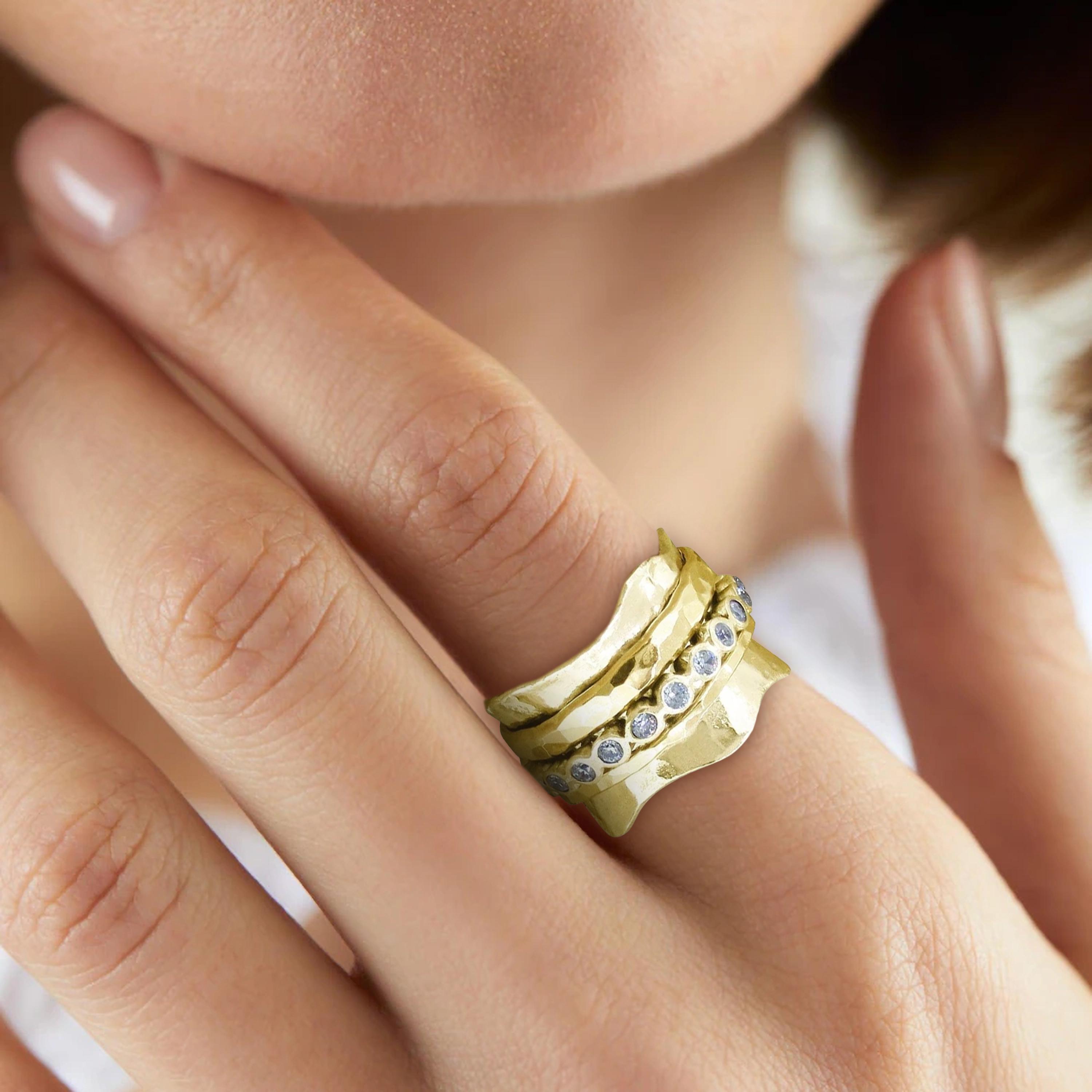 14K Gold Wedding Ring, Gold Spinner Ring for Women, Wide Hammered Ring ...