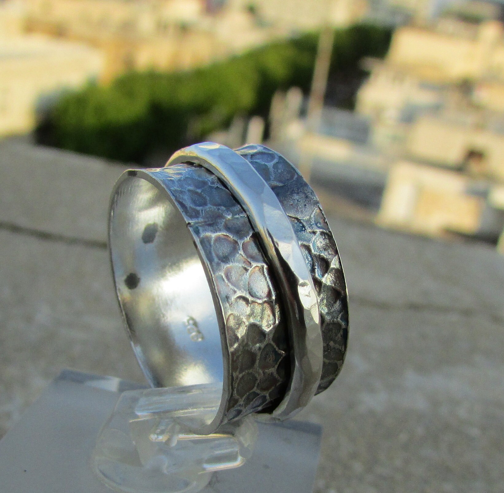 Wedding Band Ring, Silver Spinner Ring, Wide Hammered Ring, Statement ...