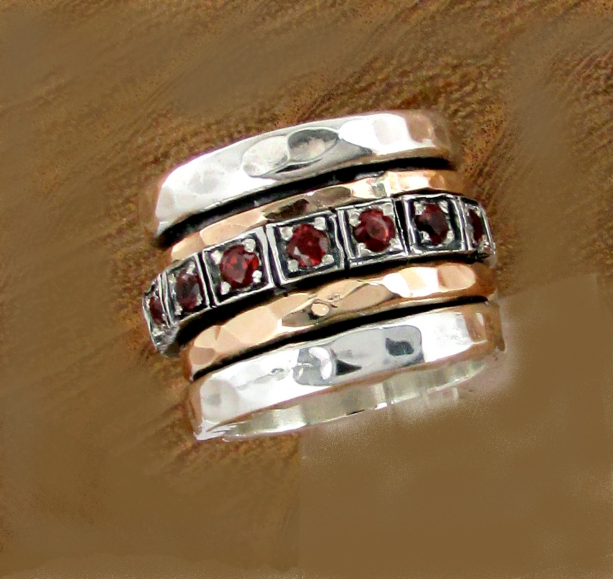 Red Garnet Ring Spinner Ring for Women Two Tone Wedding | Etsy