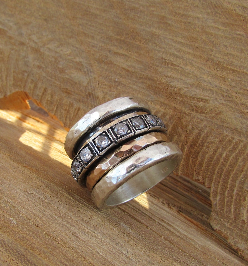 14K Gold Diamonds Spinner Ring, Two Tone Wedding Band, Chunky Ring ...
