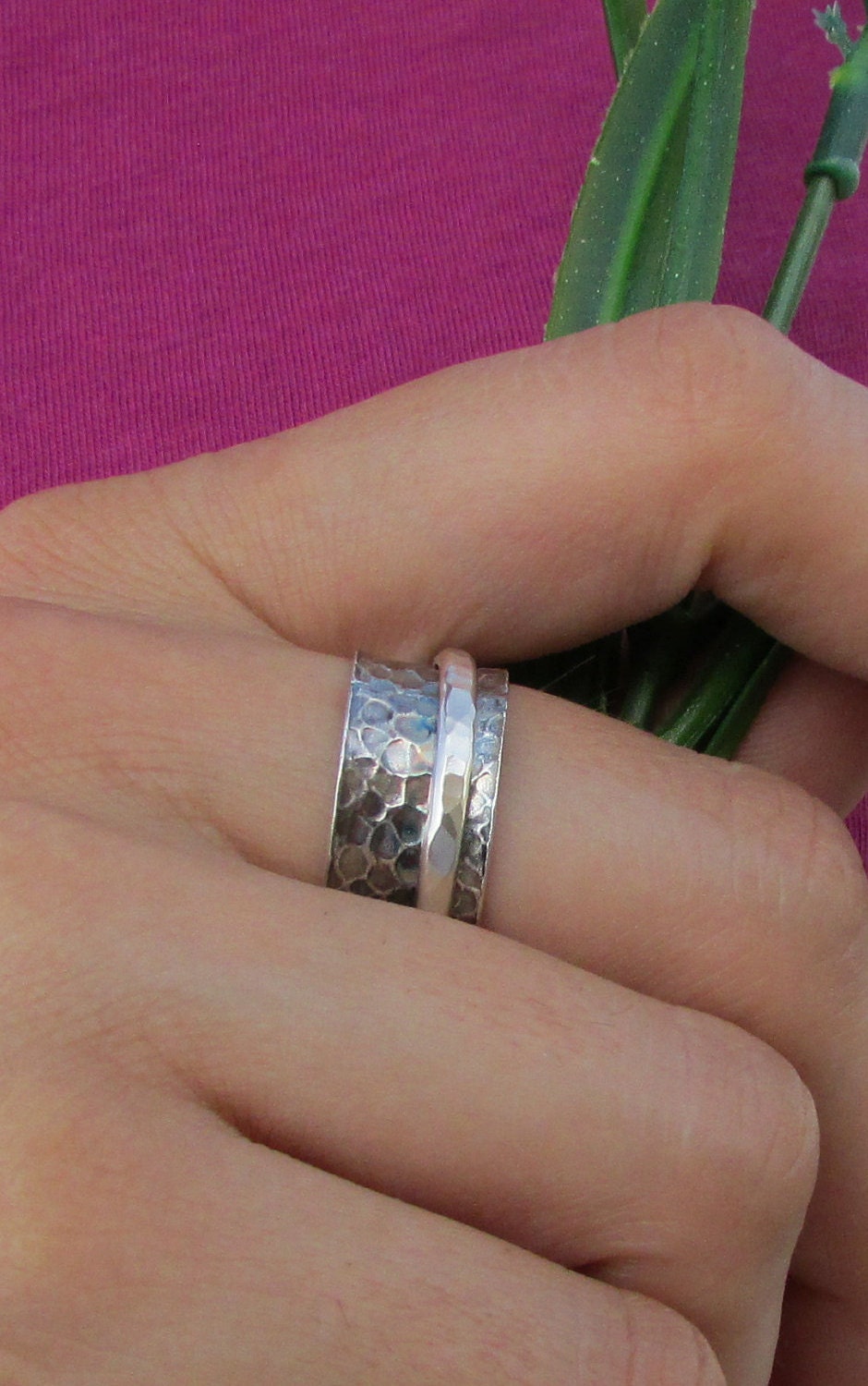 Wedding Band Ring, Silver Spinner Ring, Wide Hammered Ring, Statement ...