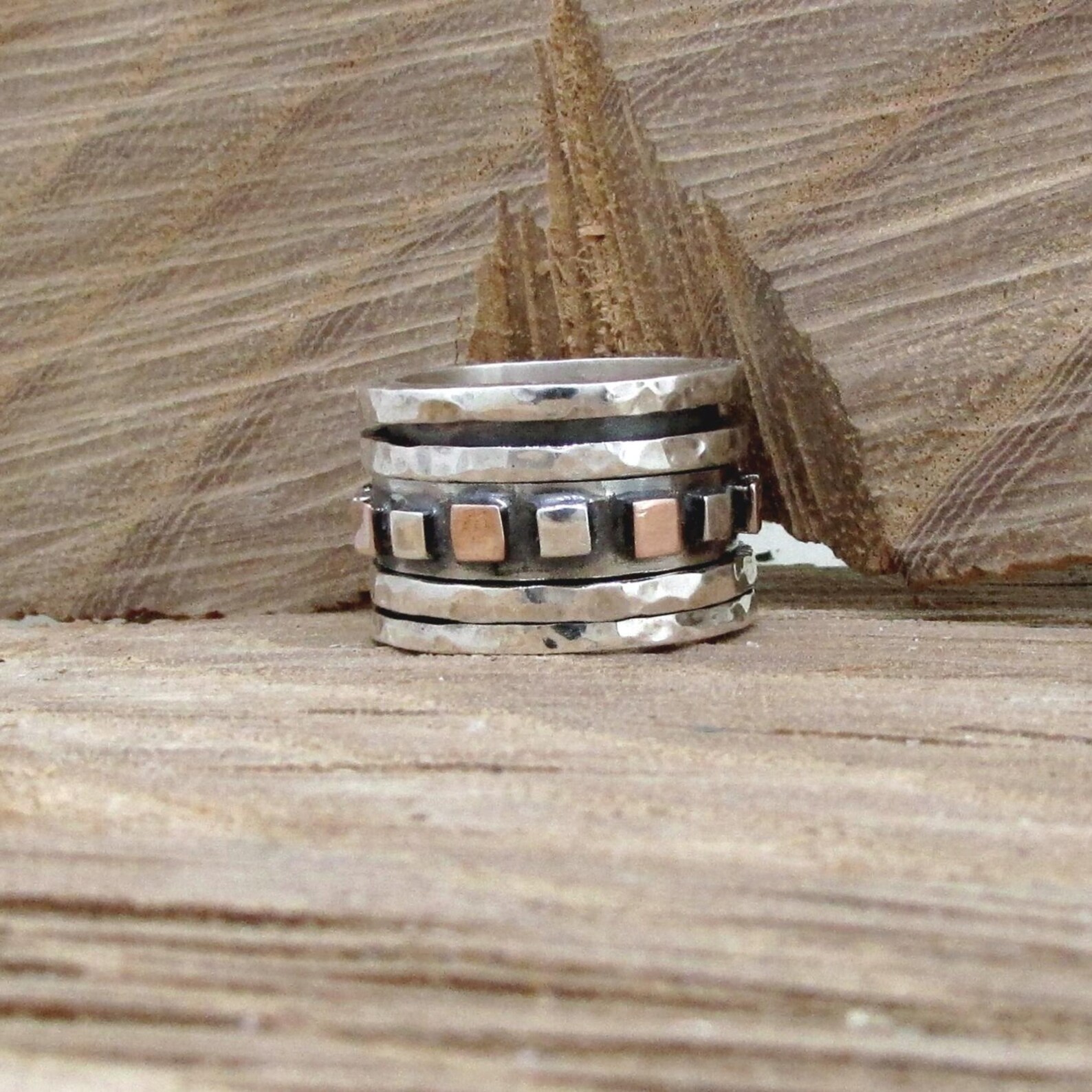 Gold and Silver Square Ring, Spinner Rings for Women, Chunky Designer ...