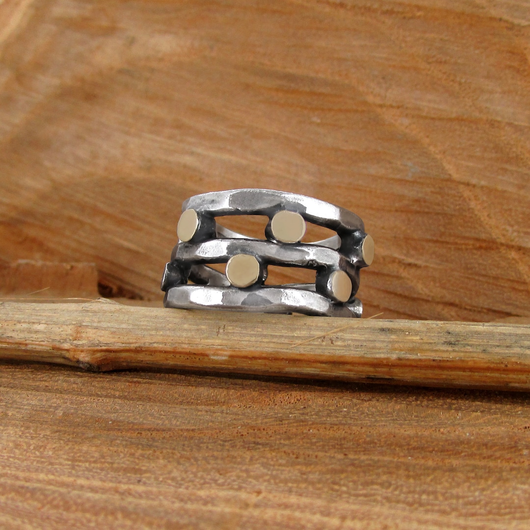 Silver and Gold Gothic Ring, Wide Silver Ring, Hammered Ring, Bohemian ...