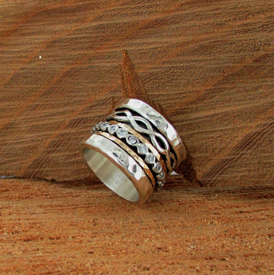 Infinity Spinner Ring Silver Zircon Ring Hammered Ring Wide - Etsy