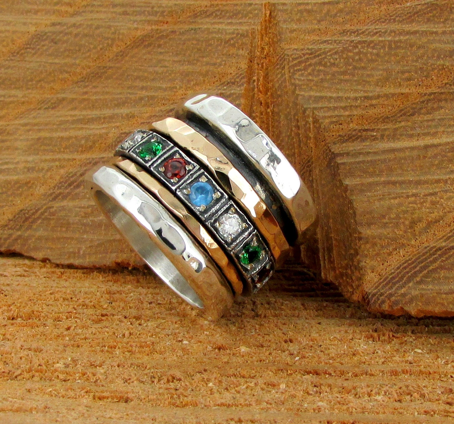 Colorful Stone Ring, Multi-stone Spinner Ring, Unique Silver Ring, 9K ...