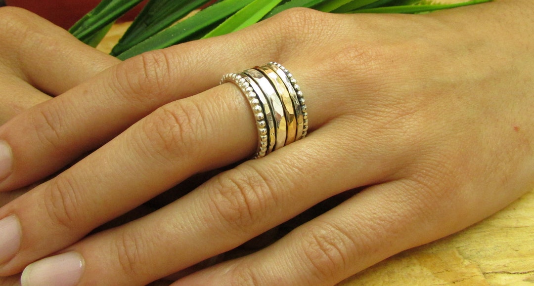 14k Gold and Silver Spinner Ring, Two Tone Band, Wide Gold Wedding Band ...