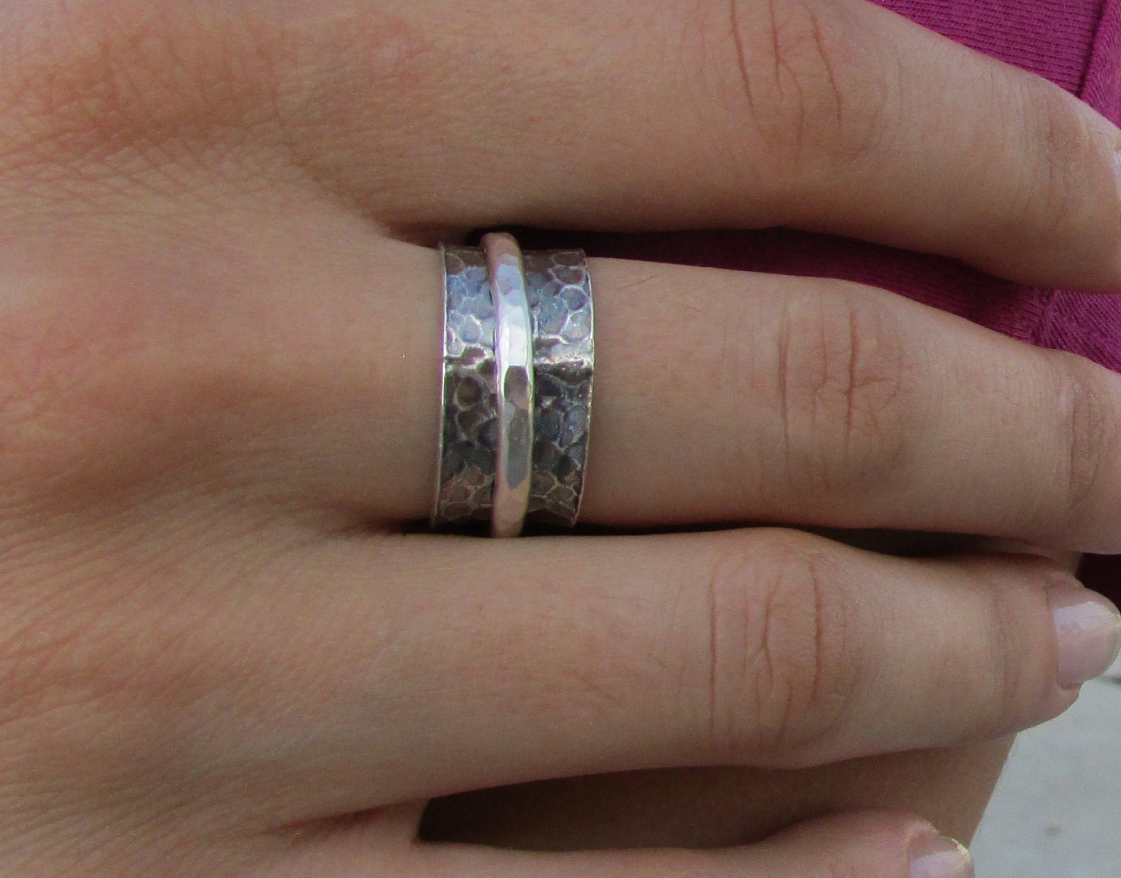 Wedding Band Ring, Silver Spinner Ring, Wide Hammered Ring, Statement ...