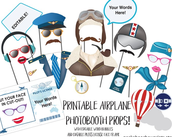 Airplane Party Photo Booth Props Printable Editable Birthday Photobooth ...