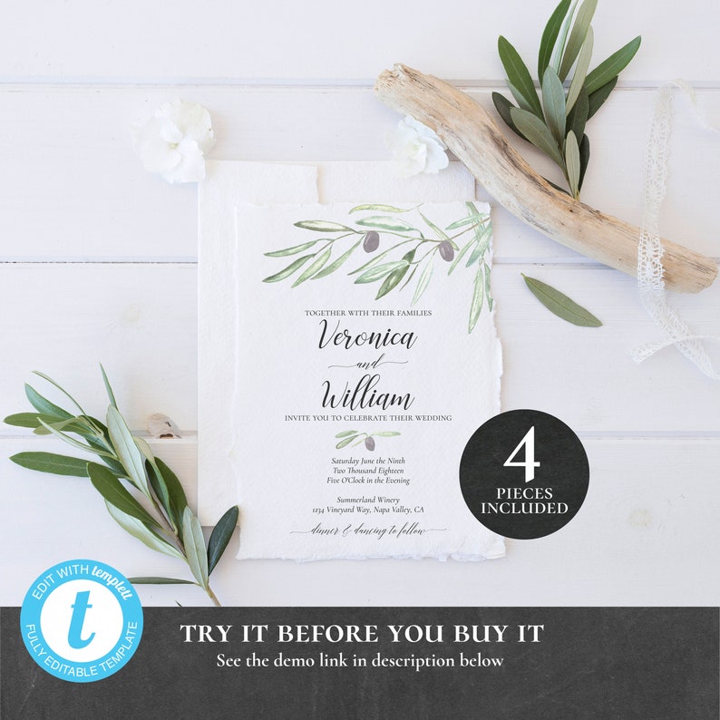 Wedding Invitation Template Set Rustic Olive Branch Theme RSVP - Etsy