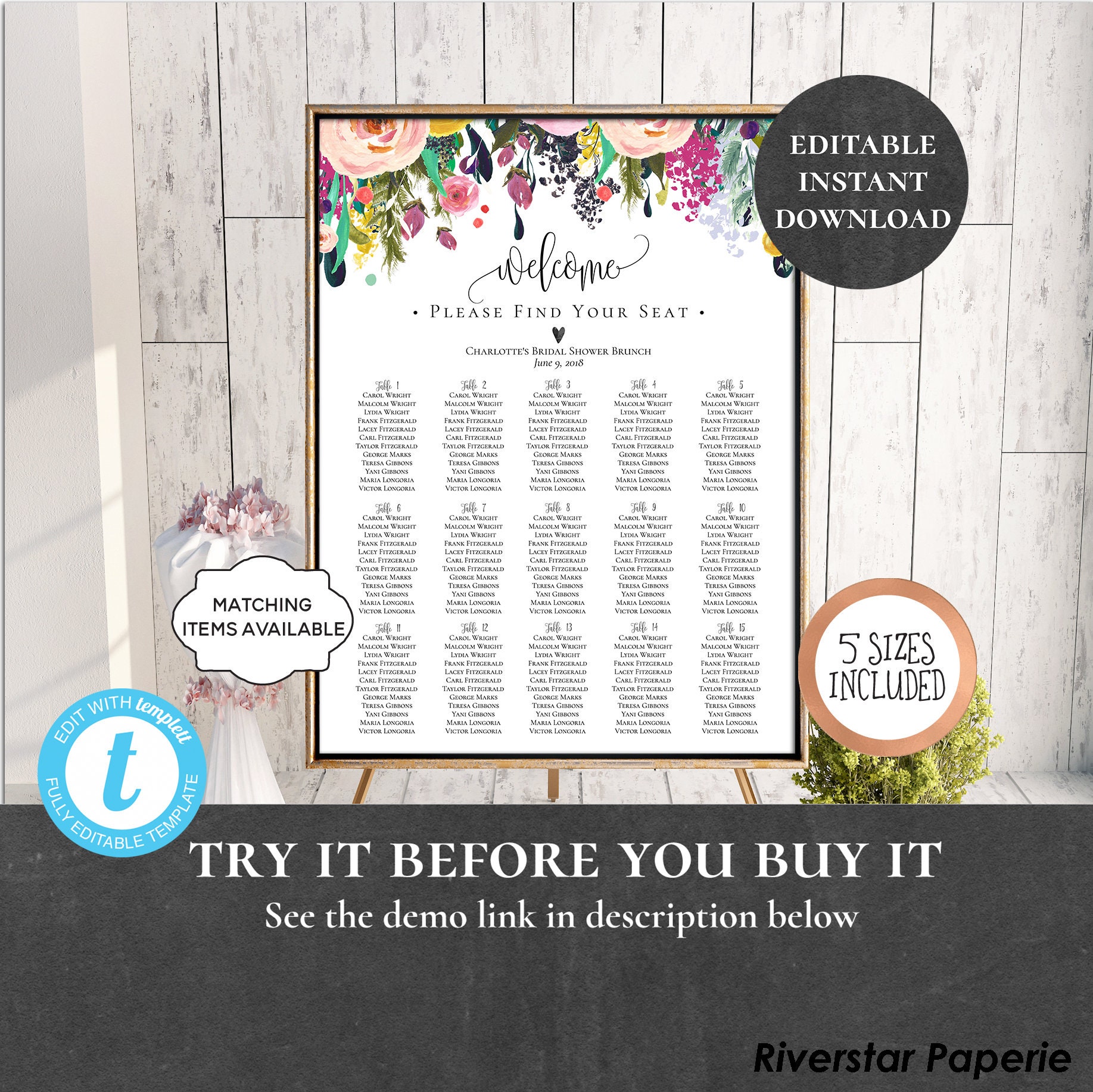 Table Seating Chart Poster Sign EDITABLE PRINTABLE Wedding - Etsy