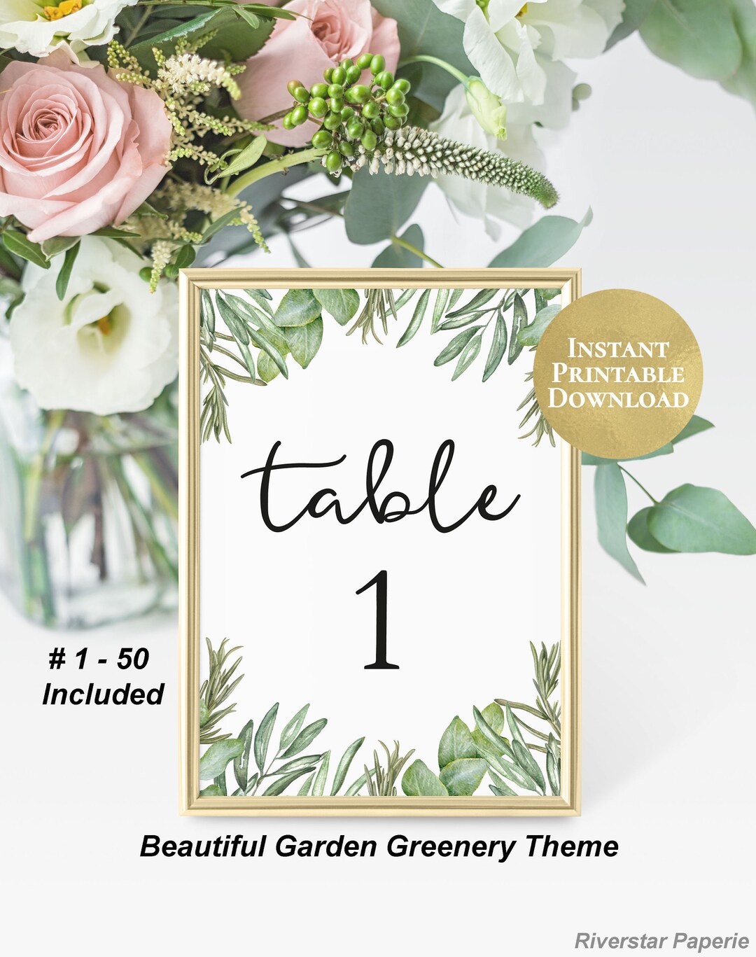 Table Number Signs Printable 5x7 Wedding Table Marker 1-50 Party Dinner ...