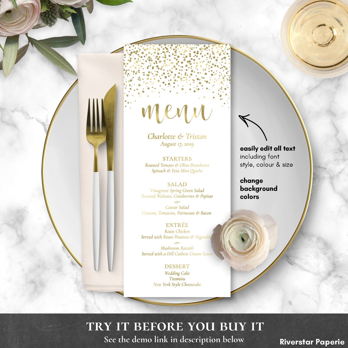 Dinner Menu EDITABLE PRINTABLE Supper Luncheon Food List Gold - Etsy