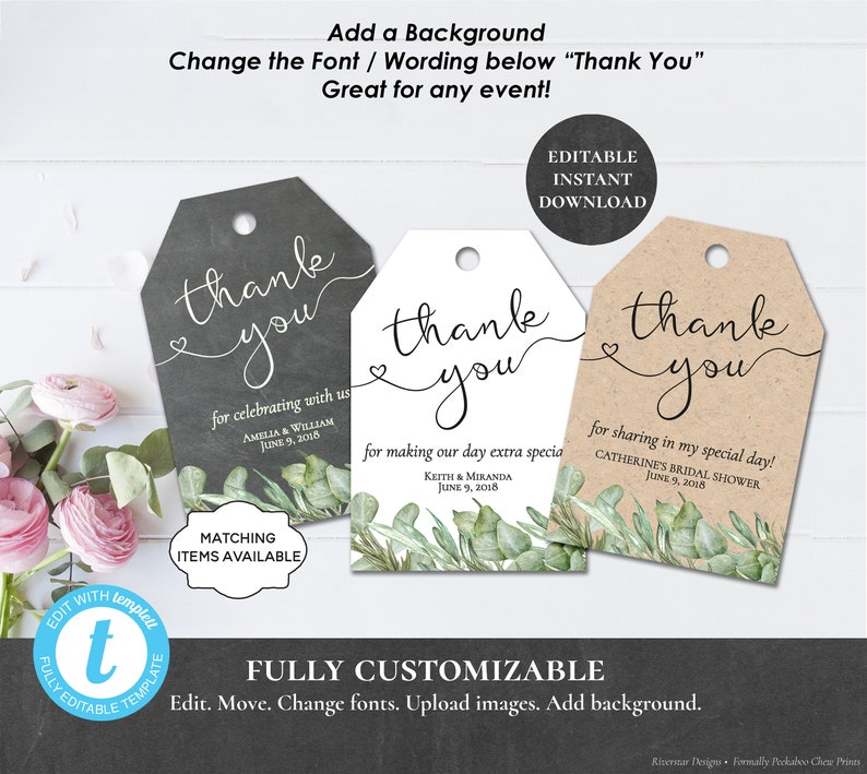 Thank You Tags Editable Printable Rosemary Eucalyptus Olive | Etsy
