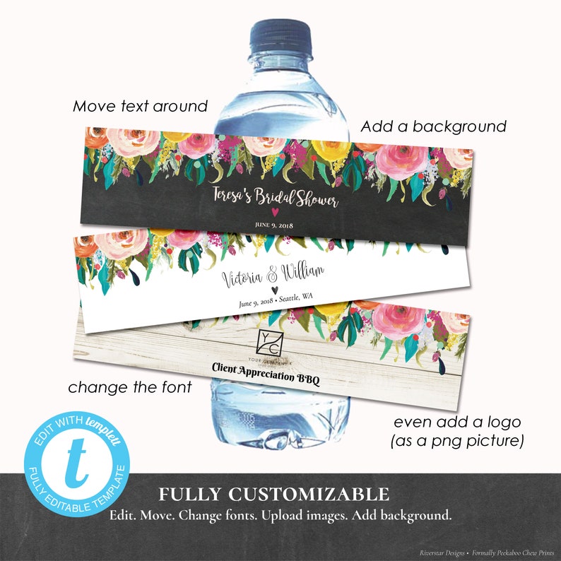 Personalized Water Bottle Label Editable Printable Floral - Etsy