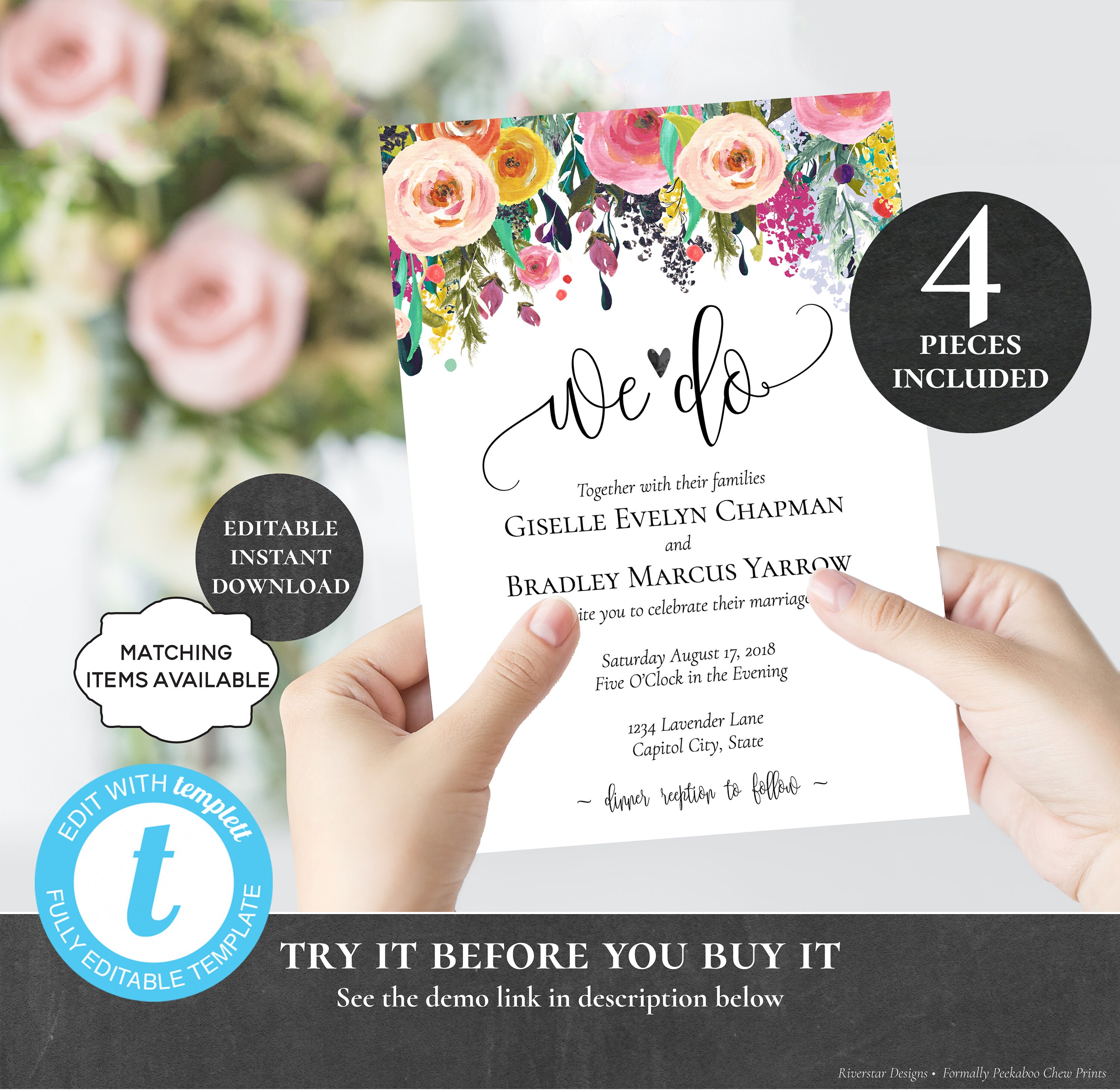 We Do Floral Wedding Invitation Template Set EDITABLE Rustic - Etsy UK