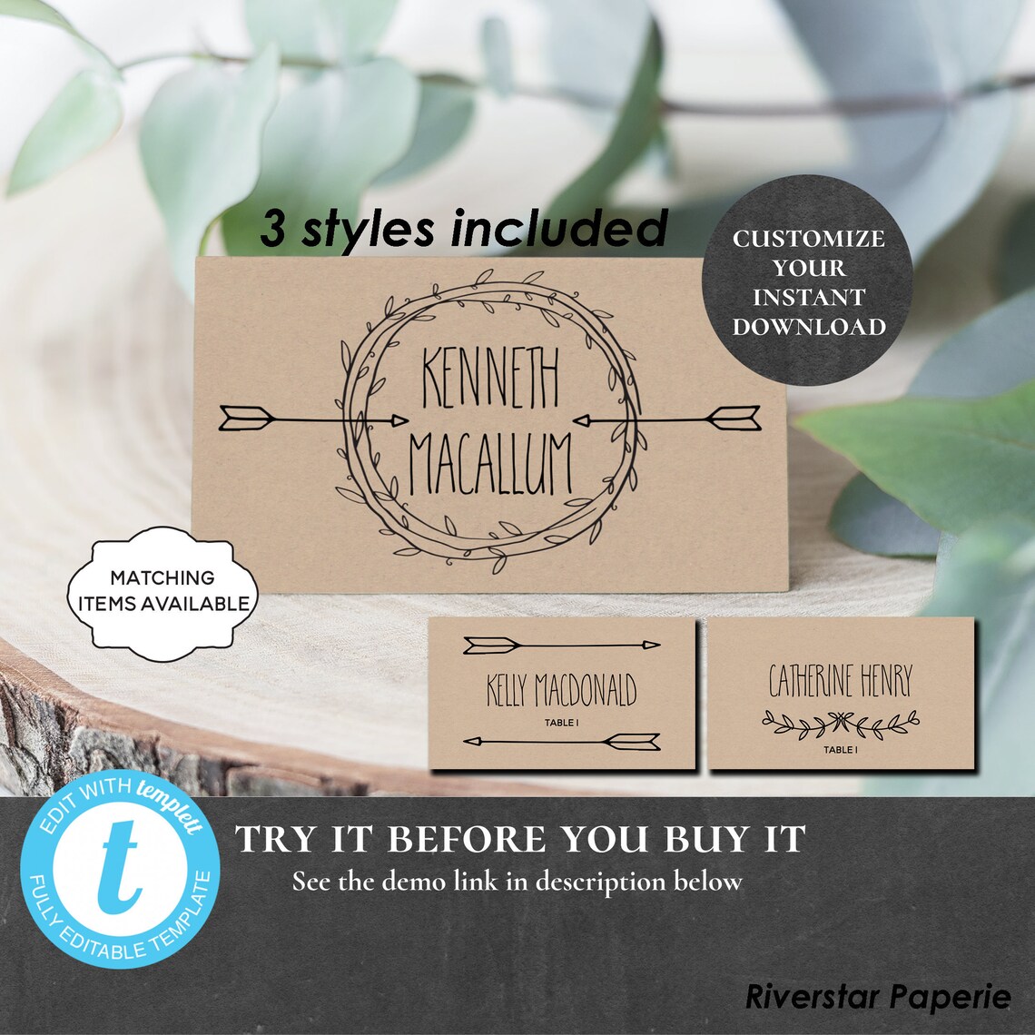 Rustic Wedding Dinner Placecards EDITABLE Printable | Etsy