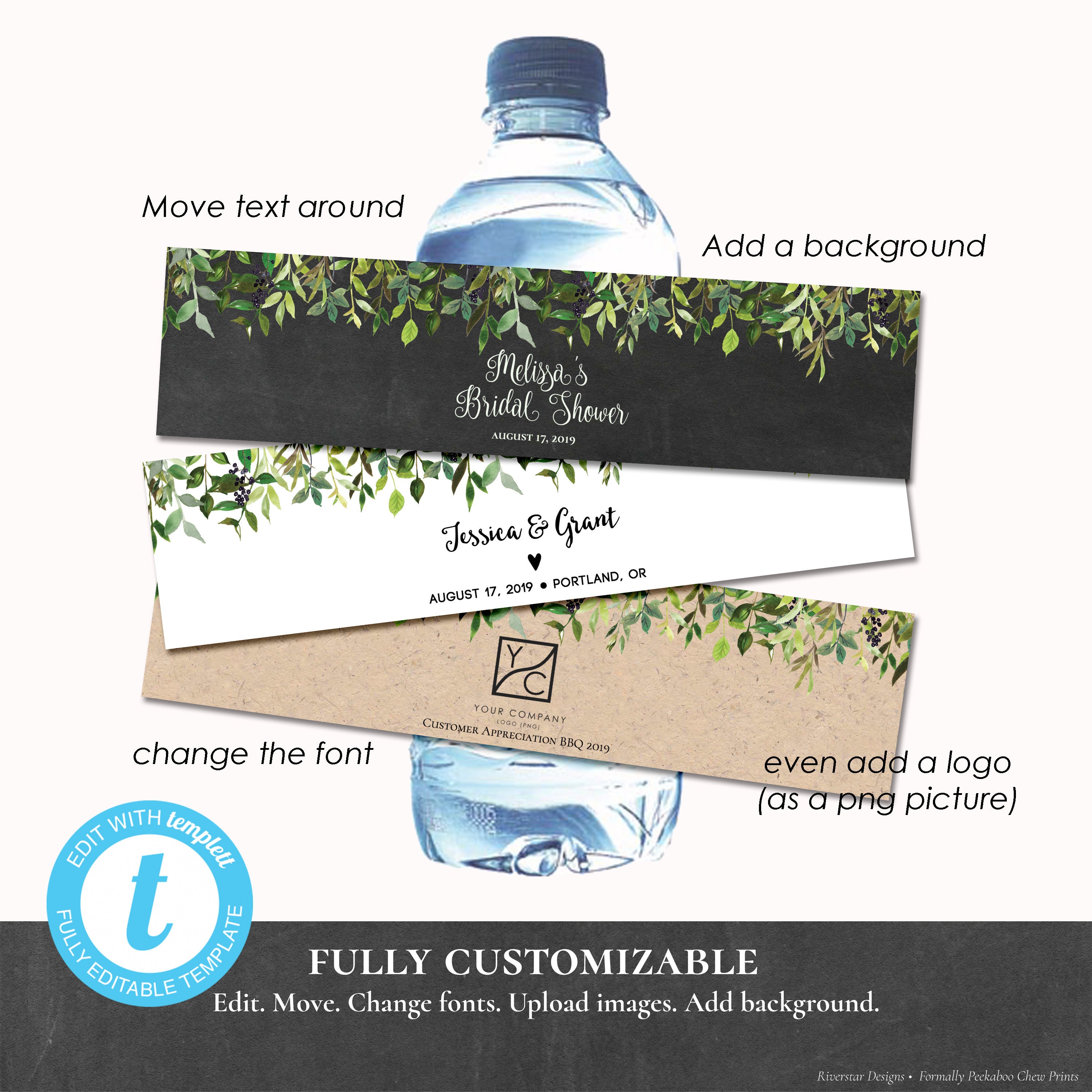 Personalized Water Bottle Label Editable Printable Greenery | Etsy