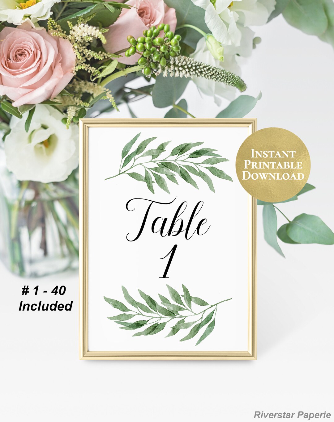 Table Number Signs Printable 5x7 Wedding Table Marker 1-40 Party Dinner ...