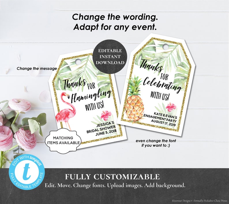 Flamingo & Pineapple Party Favor Thank You Tags EDITABLE - Etsy