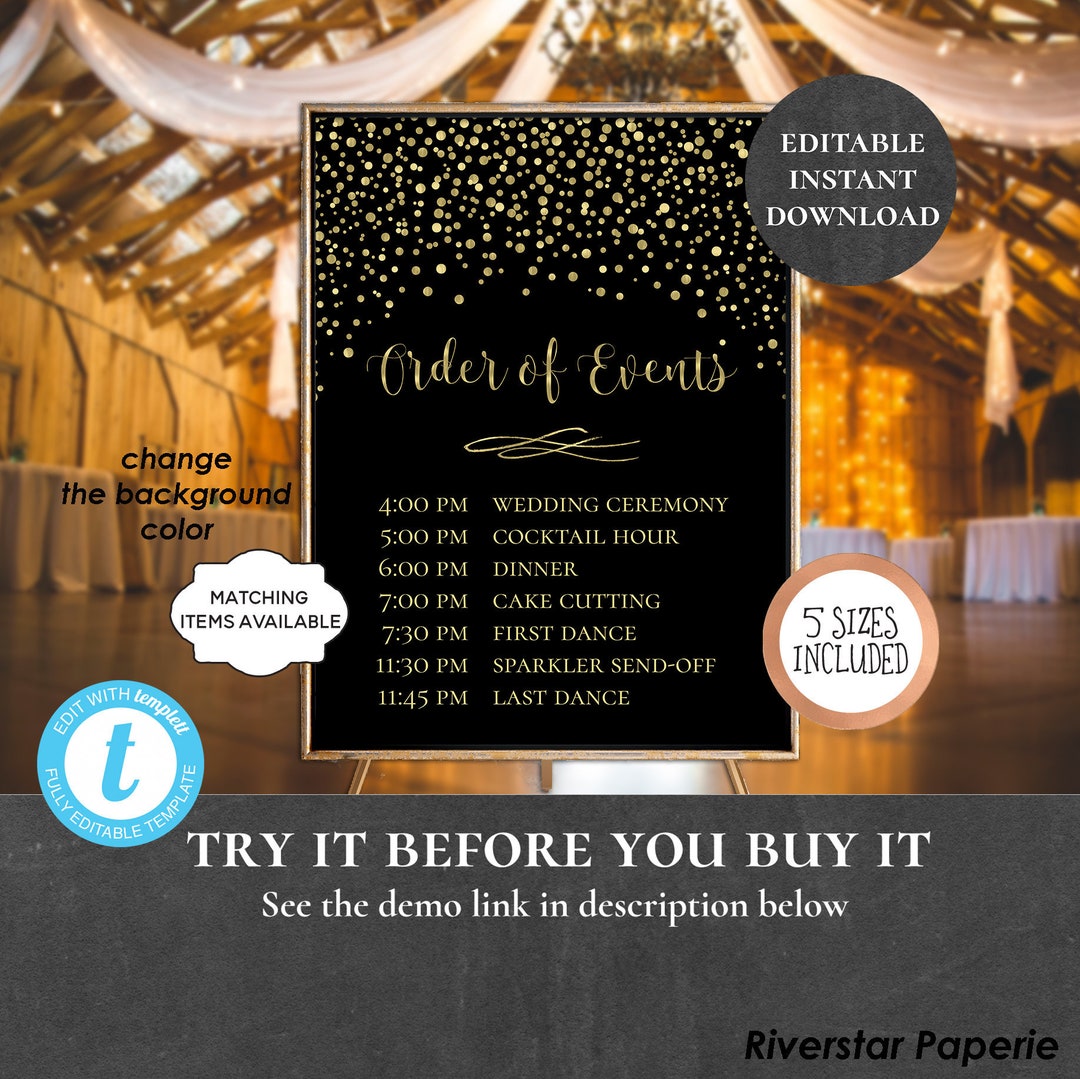 Order of Events Poster EDITABLE PRINTABLE Ceremony Reception Itinerary ...