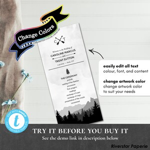 Mountain Wedding Program Template Card Editable Printable DIY Weekend ...
