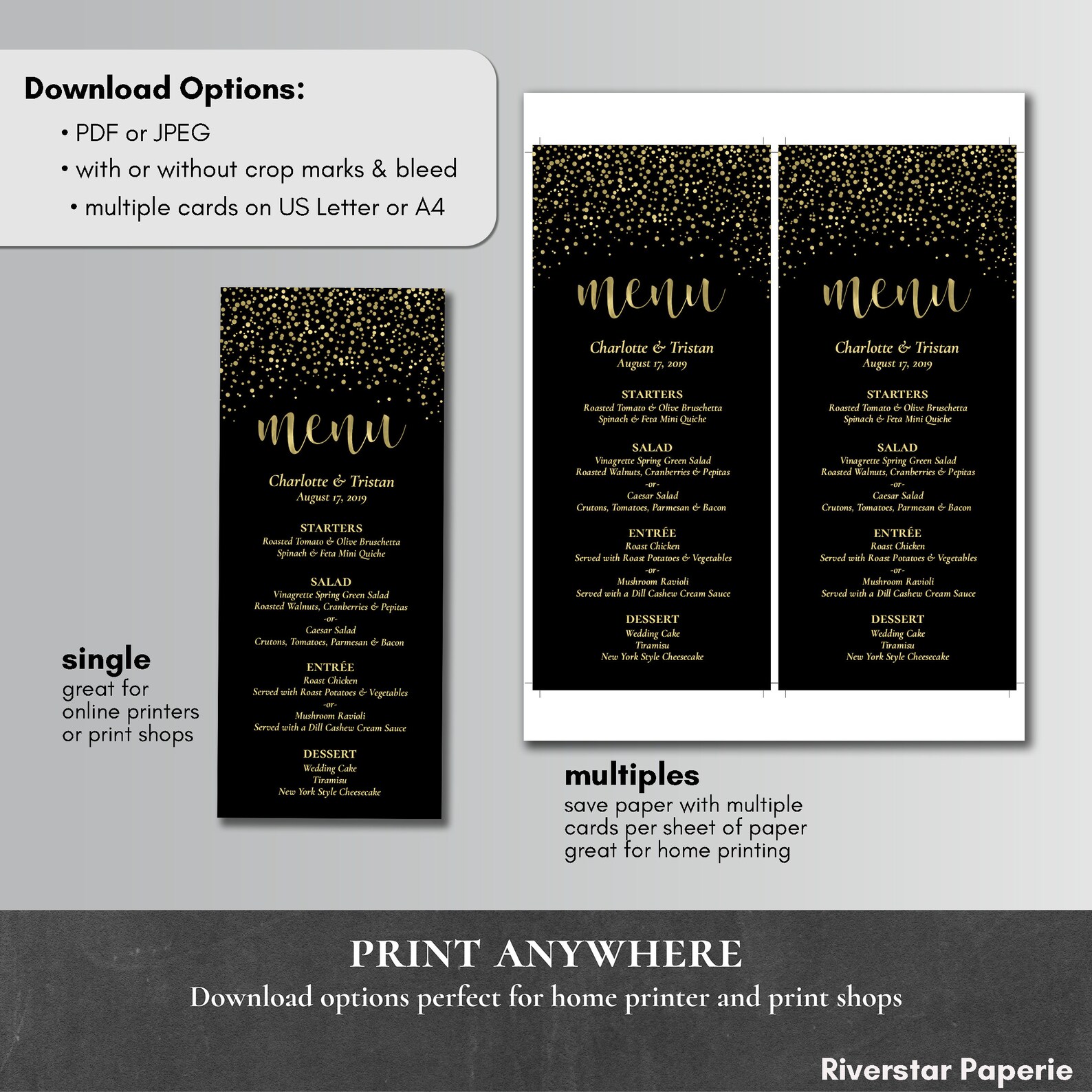 Dinner Menu EDITABLE PRINTABLE Supper Luncheon Food List Gold - Etsy