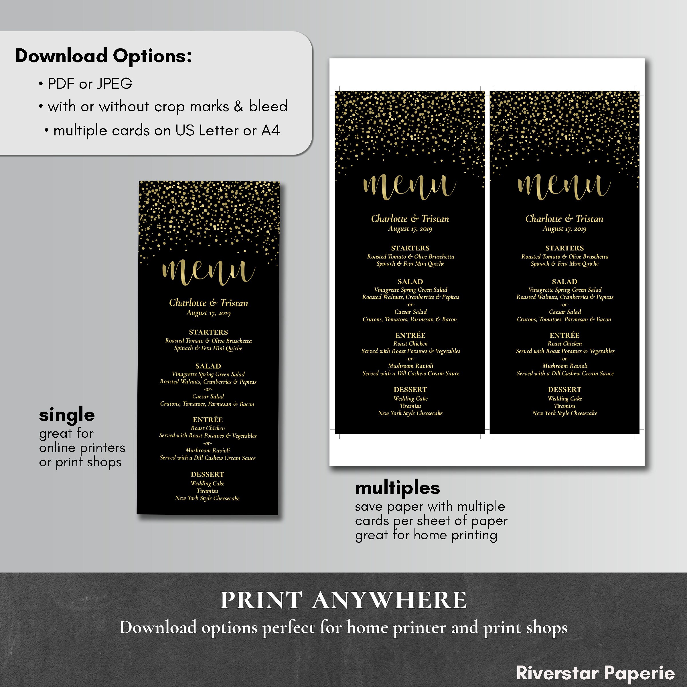 Dinner Menu EDITABLE PRINTABLE Supper Luncheon Food List Gold - Etsy
