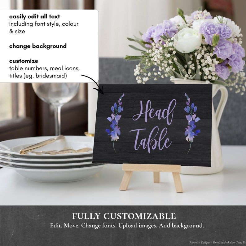 Table Number Sign Card EDITABLE PRINTABLE Purple Tent Flat 7x5 - Etsy
