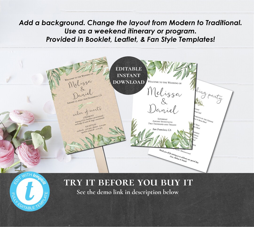 Wedding Program Template Garden Wedding Double Sided 5x7 Editable ...