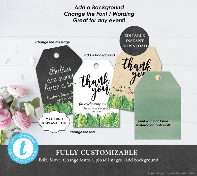 Thank You Tags Editable Printable Tropical Greenery Wedding | Etsy