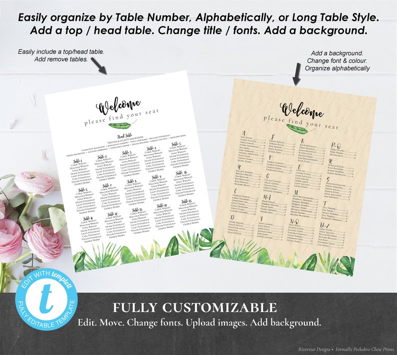Table Seating Chart Tropical Greenery Editable Printable | Etsy
