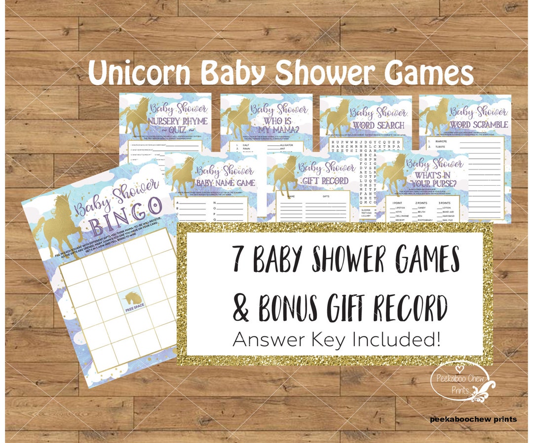 Unicorn Baby Shower Games Package Activity SET Magical Faux Gold Foil ...